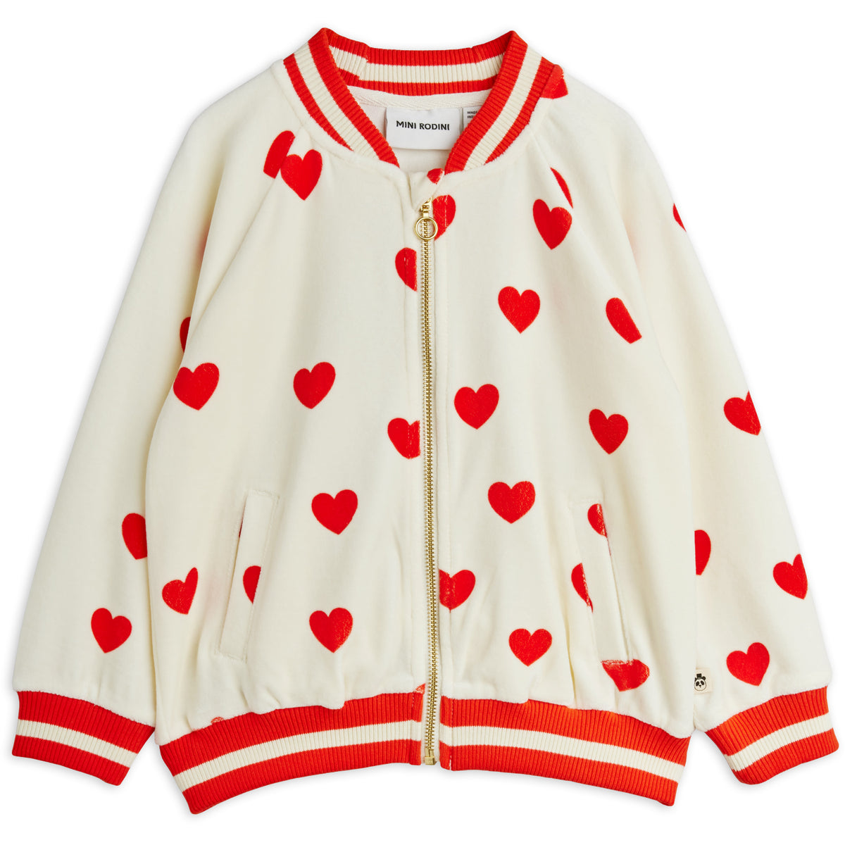 Buy Mini Rodini White Hearts AOP Velour Baseball Cardigan | Luksusbaby ...